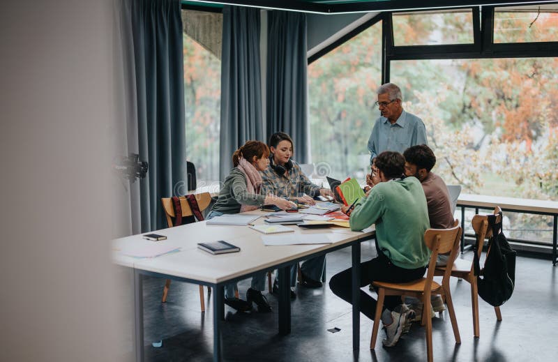 University Students Collaborating Project Their Senior Professor Stock ...
