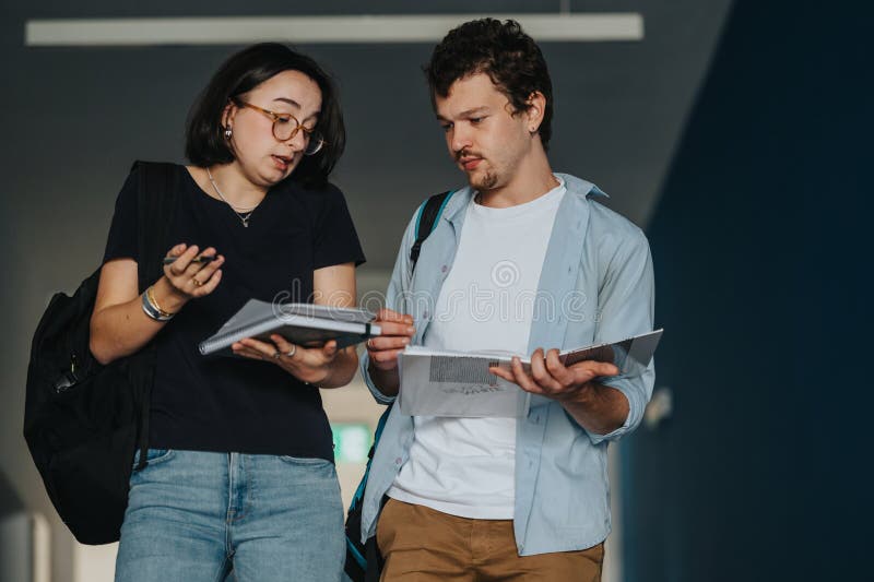University Students Discussing Coursework in a Hallway Setting Stock ...
