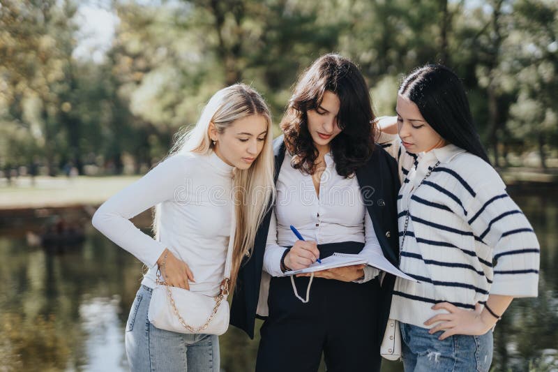 University Students Studying and Discussing Subjects Outdoors ...