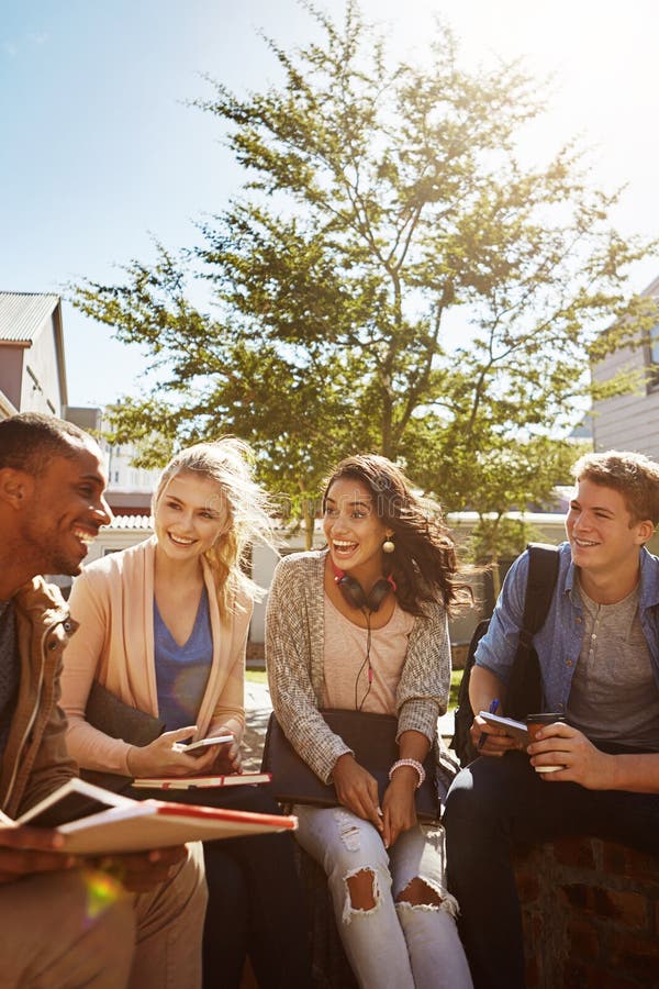 University, Students and Friends Laughing on Break with Funny ...