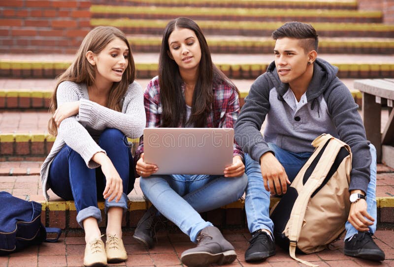 University, Students with Laptop on Campus Steps and Online Education ...