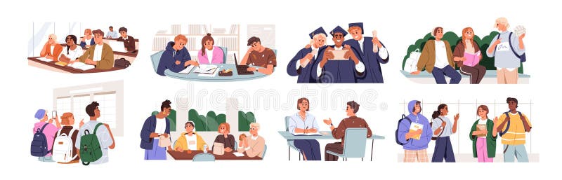 University Students Life Set. Learners Study, Education, Communication ...