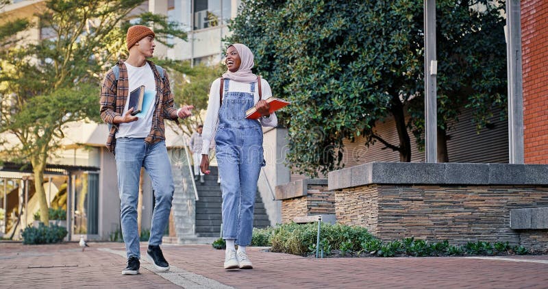 University Students, Outdoor and Walking To Class Together, Talking and ...