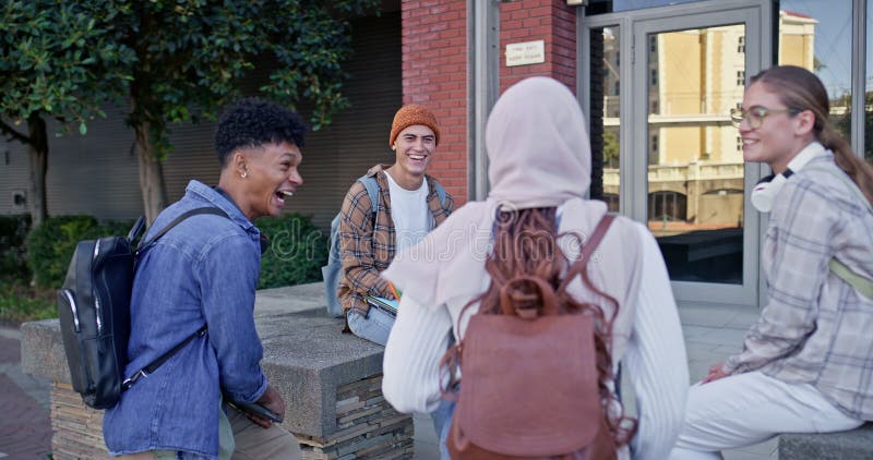 University, Students and Relax on Campus with Laughing for College ...