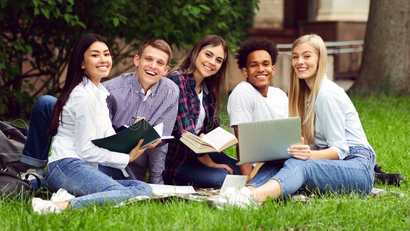 University Students Resting in Campus, Smiling To Camera Stock Image ...