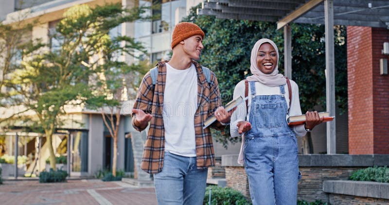 University Students, Walking and Outdoor on Campus for Conversation ...