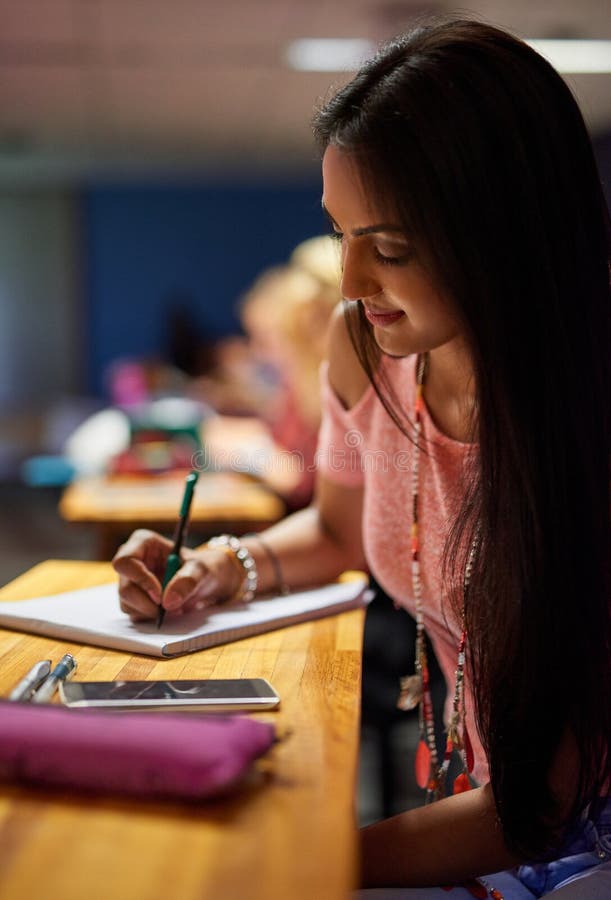 University, Writing and Woman with Notebook in Classroom for Education ...