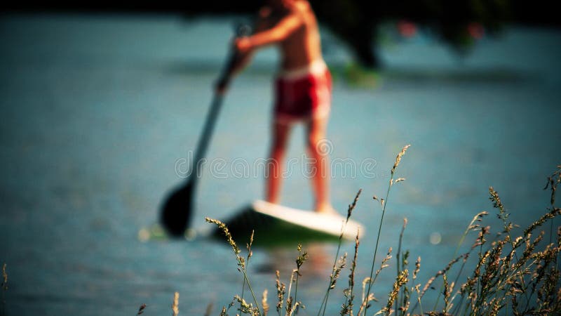 Defocused Little Boy Paddles a Paddle Board or SUP Stock Image - Image ...