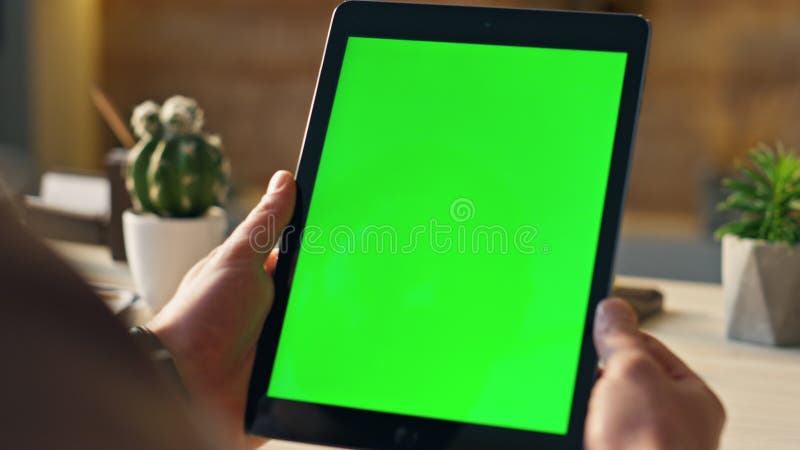 Unknown Freelancer Looking Green Screen Tablet at Desk Close Up. Man ...