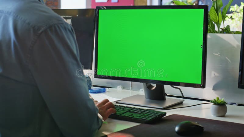 Unknown Freelancer Working Green Screen Computer in Modern Workplace ...