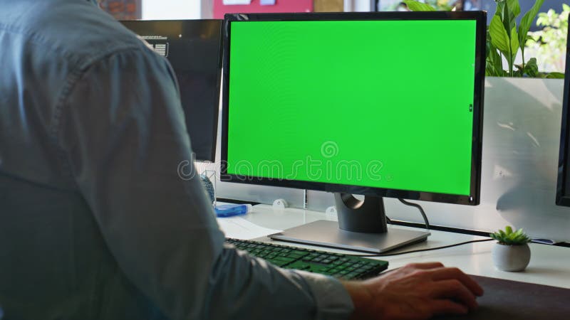 Unknown Freelancer Working Green Screen Computer in Modern Workplace ...