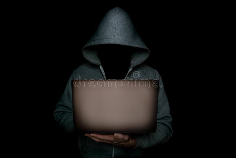 Hacker with Hood Isolated on Black Background with Binary Code in Front ...