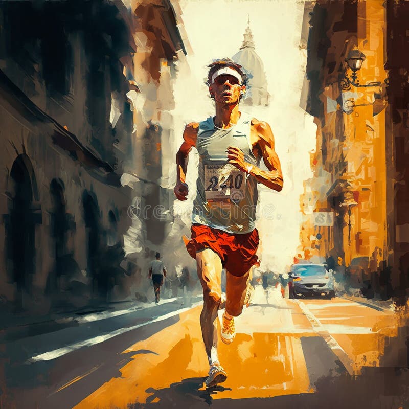 Unknown Male Marathon Runner in a City, Vector Illustration, Double ...