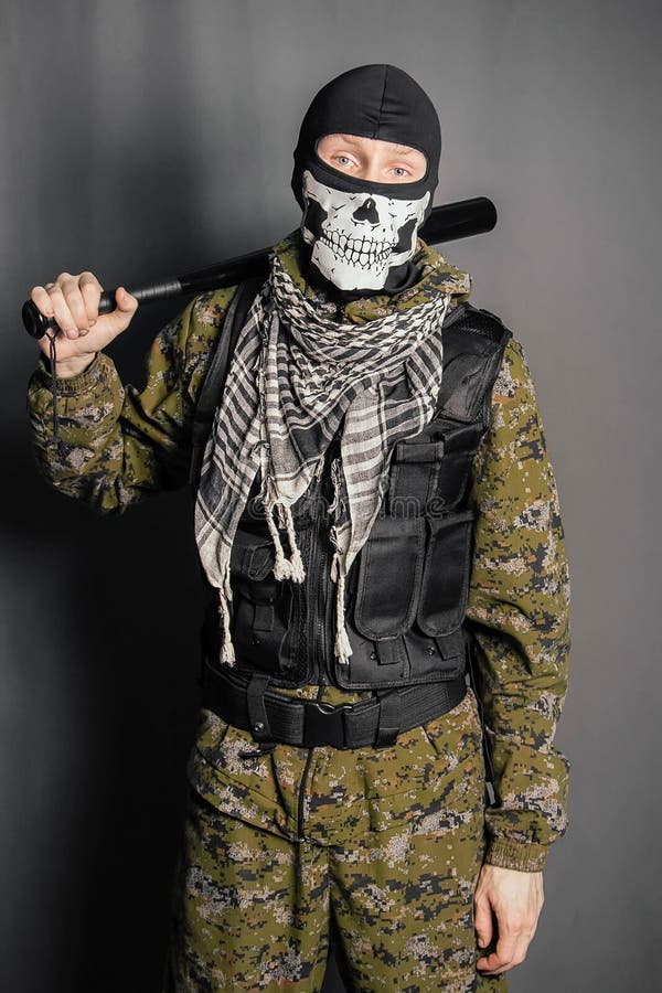 Unknown Man, a Robber in a Balaclava with a Skull, in Camouflage ...