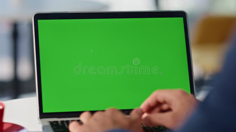 Unknown Man Typing Greenscreen Laptop Keyboard Working at Cozy Cafe ...