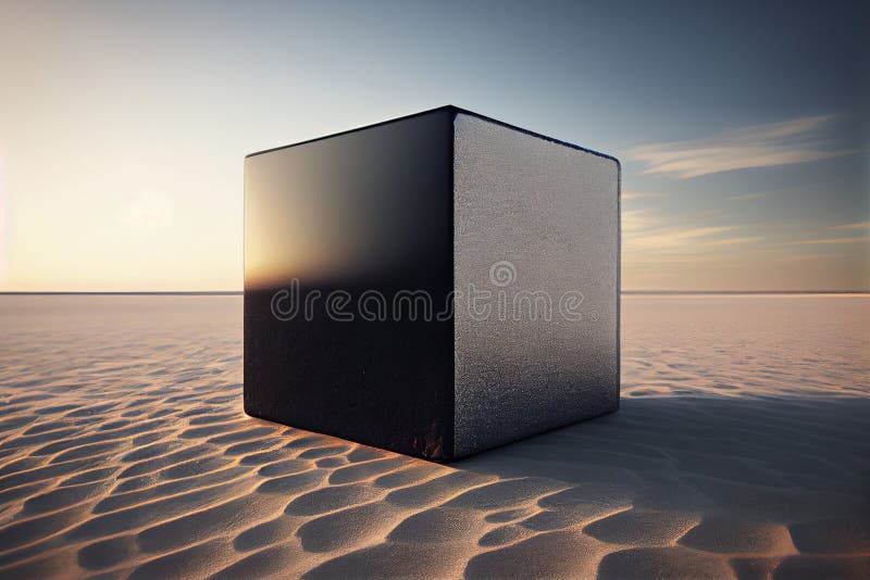 Unknown Object in the Form of a Cube Stands on the Sand. AI Generated ...