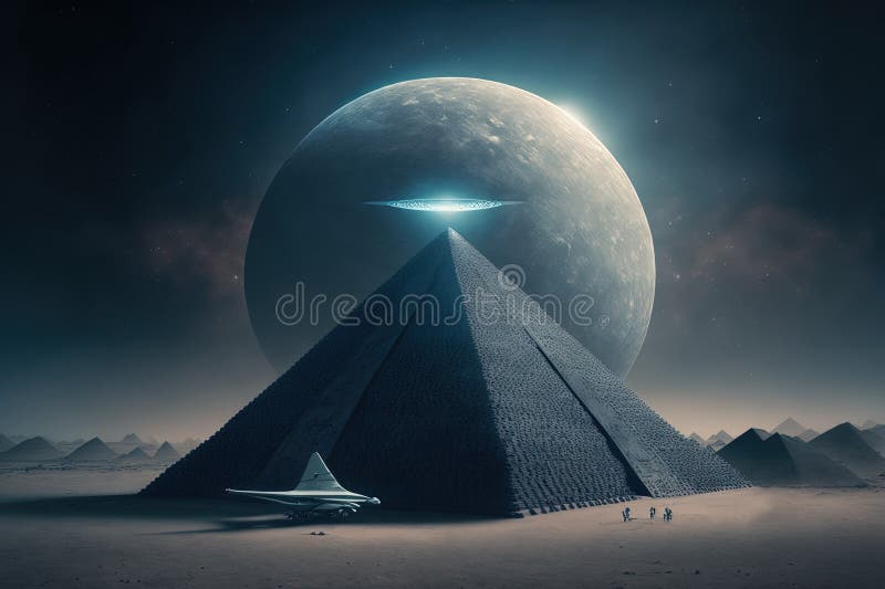 Unknown Planet. Alien Spacecraft Landed Near Pyramid Stock Illustration ...