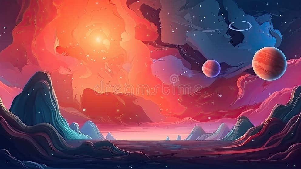 Unknown Planet Surface with Planets and Stars in the Night Sky ...