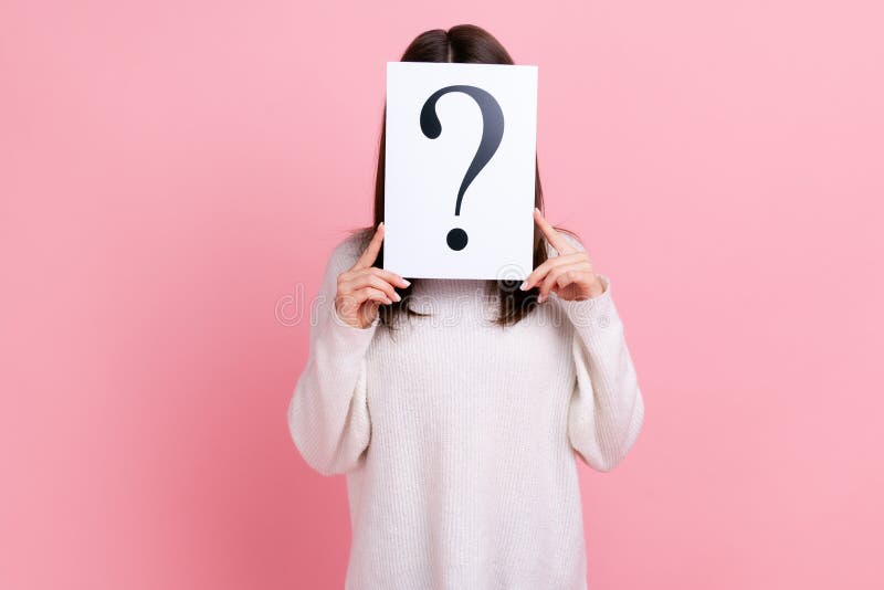 Unknown Shy Female Standing Hiding Face Behind Paper with Question Mark ...