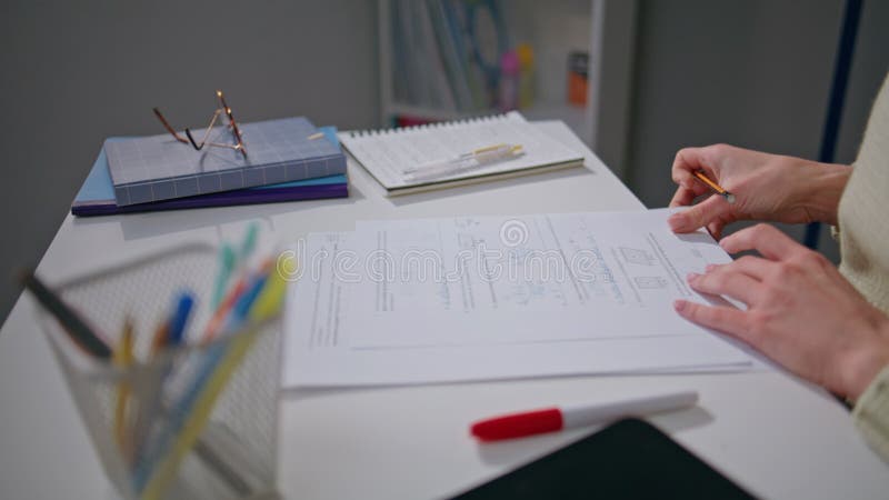 Unknown Teacher Checking Homework at Office Desk Closeup. Woman Putting ...