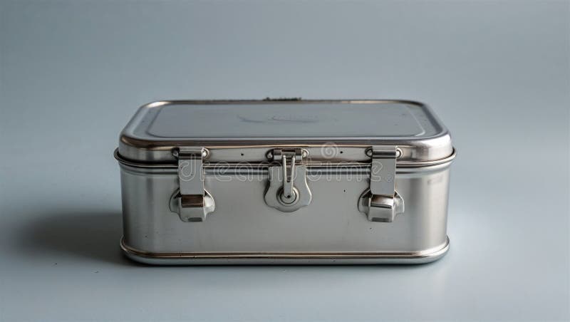 Unlabeled Metal Lunch Box Closed with Latch, Top Surface Clean and ...
