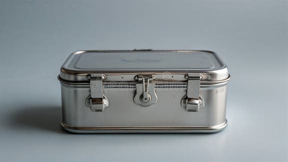Unlabeled Metal Lunch Box Closed with Latch, Top Surface Clean and ...