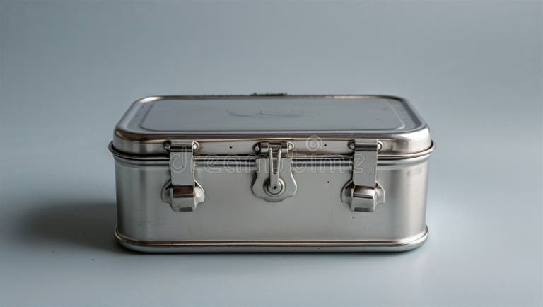 Unlabeled Metal Lunch Box Closed with Latch, Top Surface Clean and ...