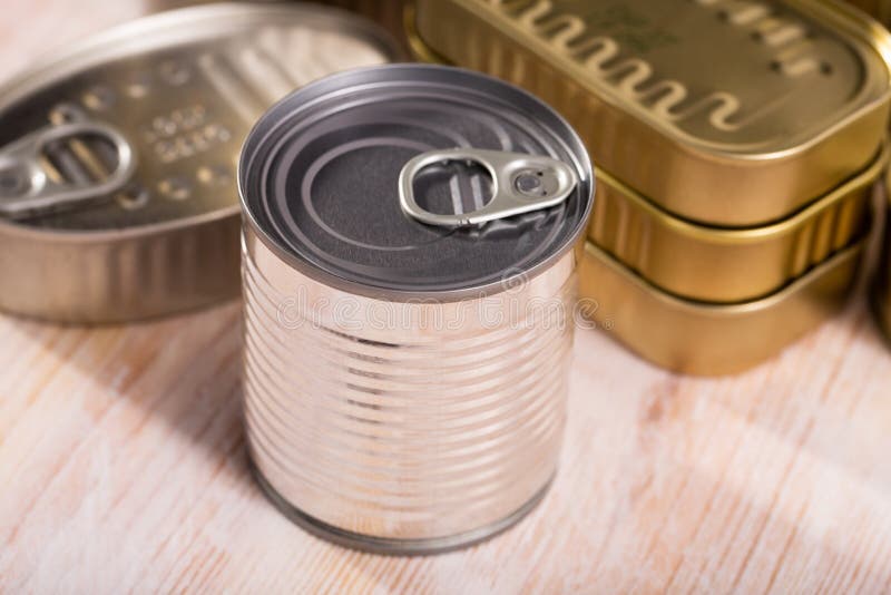 Unlabeled Tin Cans on Table Stock Photo - Image of preserve, unlabeled ...