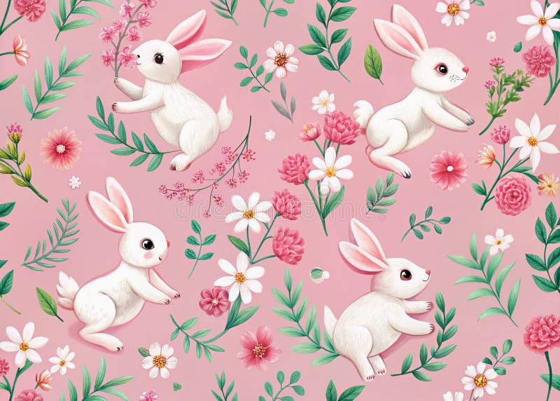 Adorable Pink Bunny Seamless Pattern with White Rabbits and Floral ...