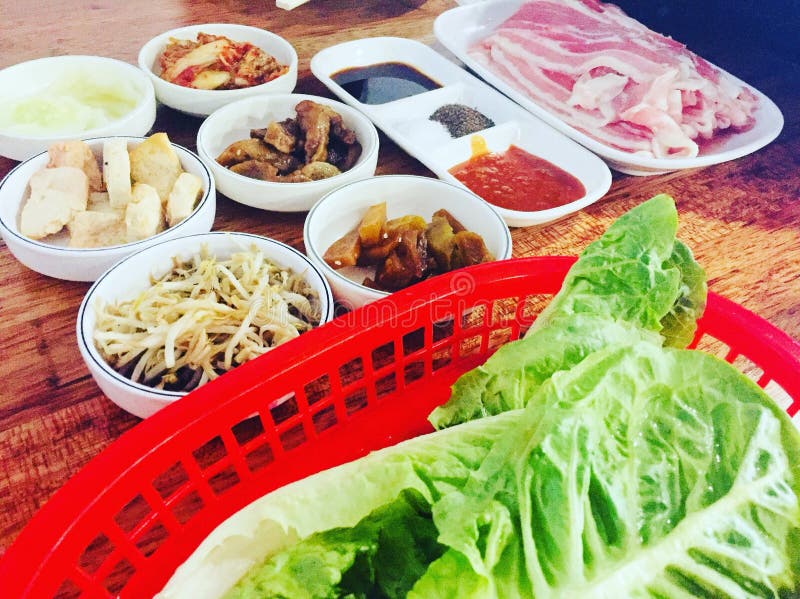 Samgyupsal Pork Belly With Kimchi Korean Barbecue Dish Stock Photo ...