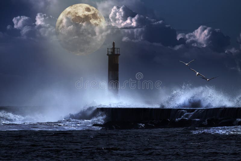 Lighthouse under the storm stock illustration. Illustration of marine ...