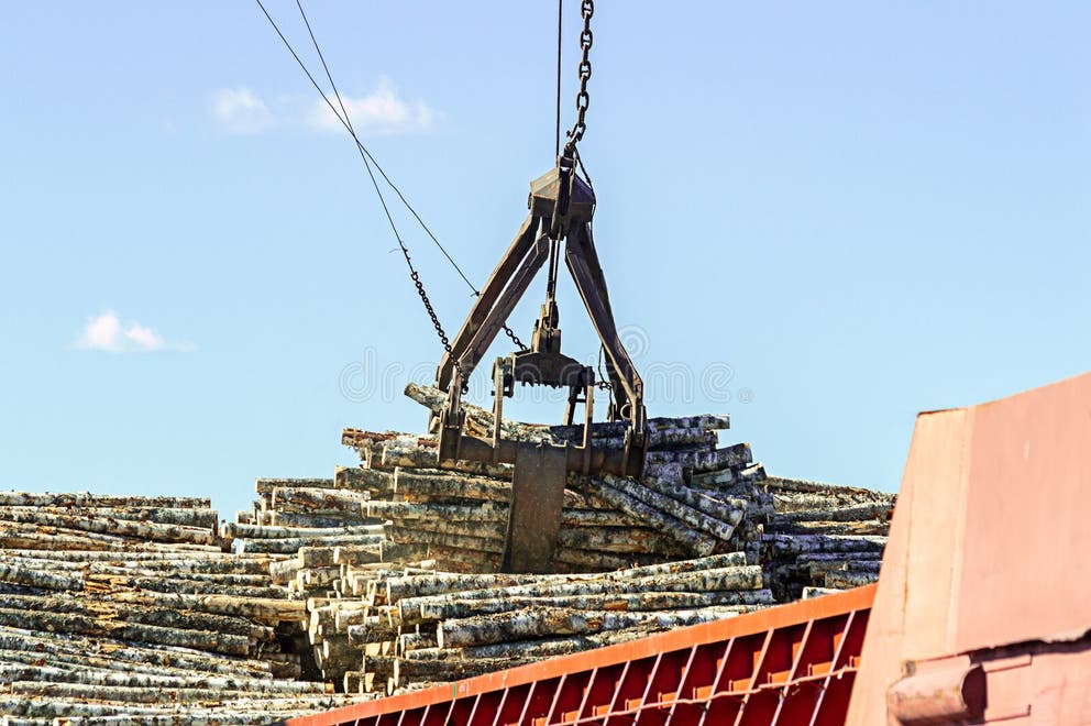 Unloading a Barge with Logs Using a Crane Stock Image - Image of ship ...