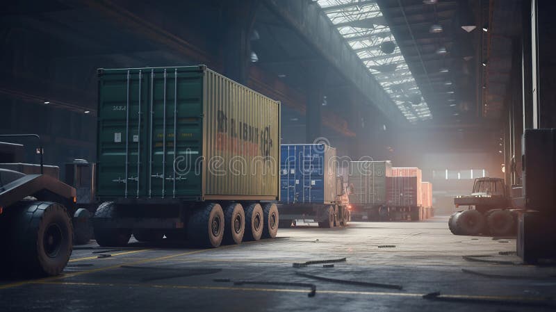 Unloading Big Container Trucks at Warehouse Building. Generative AI ...
