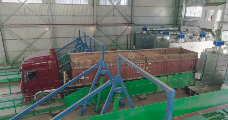 Unloading Grain from a Truck for Storage, Wheat Unloading Aerial View ...