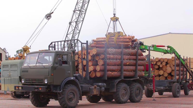 Unloading a Log Truck with a Crane, Unloading Logs at a Sawmill ...