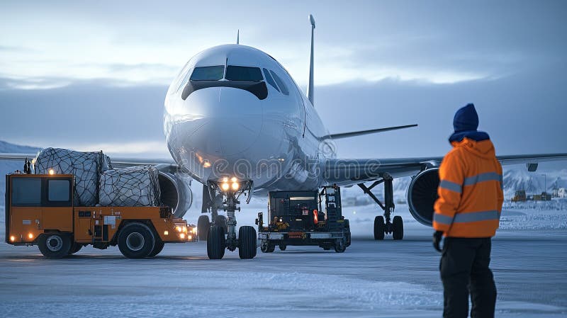 Unloading Supplies from Cargo Plane at Arctic Base Stock Illustration ...