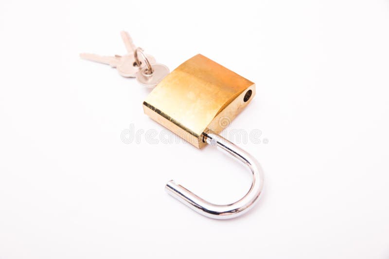 Unlocked Golden Padlock and Key Stock Photo - Image of chrome, isolated ...