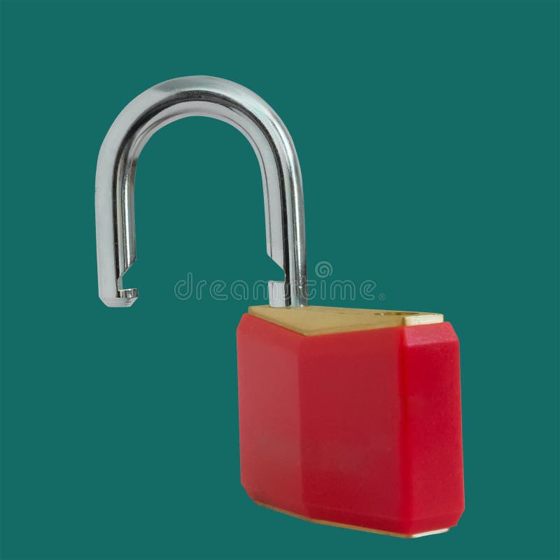 Unlocked Brass Padlock On A Red Metal Door Stock Photo - Image of ...