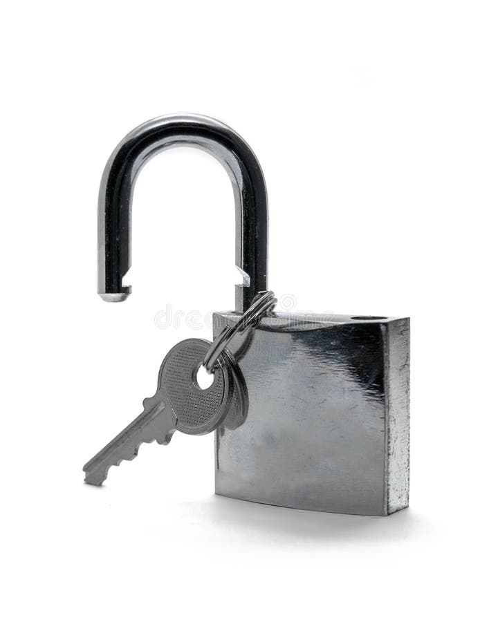 Unlocked Steel Padlock with Key, Isolated on White Stock Photo - Image ...