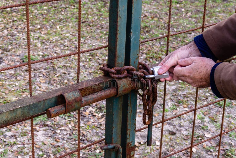 Unlocking Padlock on the Gate of Rusty Metal Steel Stock Image - Image ...