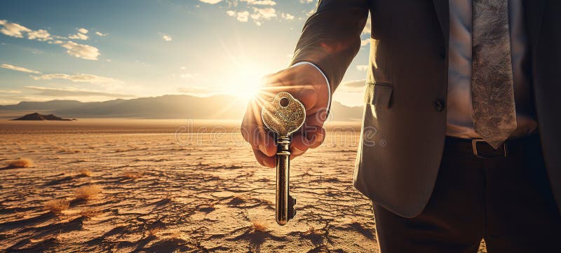 Unlocking the Sands: a Man with a Massive Key in the Desert Stock ...