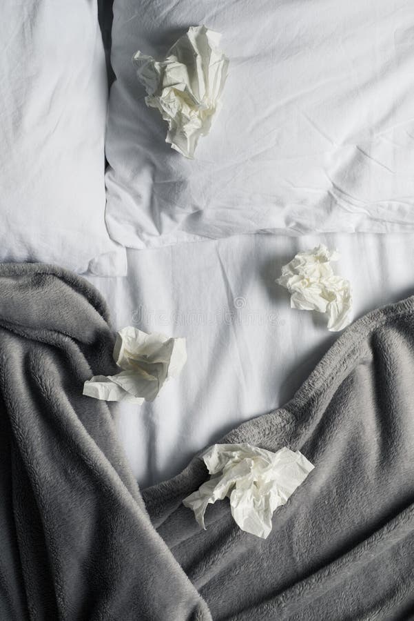 Unmade Bed Full of Used Tissues Stock Image - Image of hotel, kleenex ...