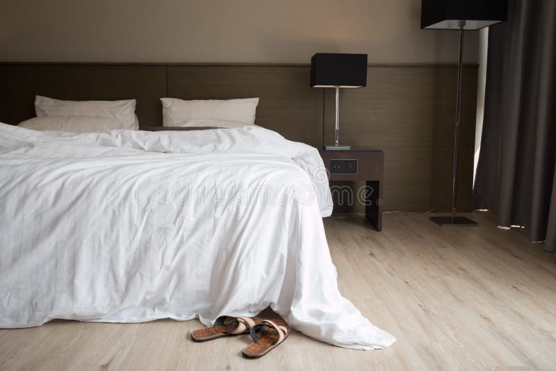 An unmade bed stock image. Image of fluffed, cloth, cotton - 115961319