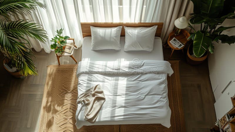 Unmade Bed with White Bedding and Sunlight Pattern, Modern Minimalist ...