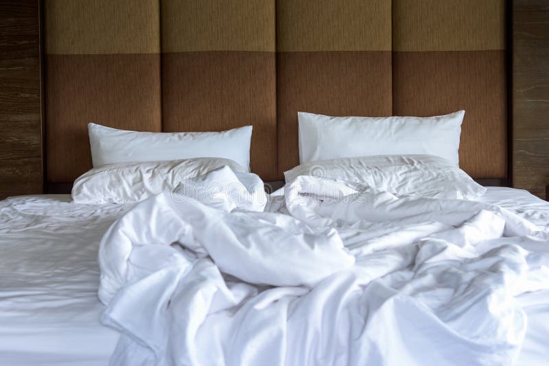 Unmade Bed with White Linens, Crumpled Empty and Messy Bed in Hotel ...