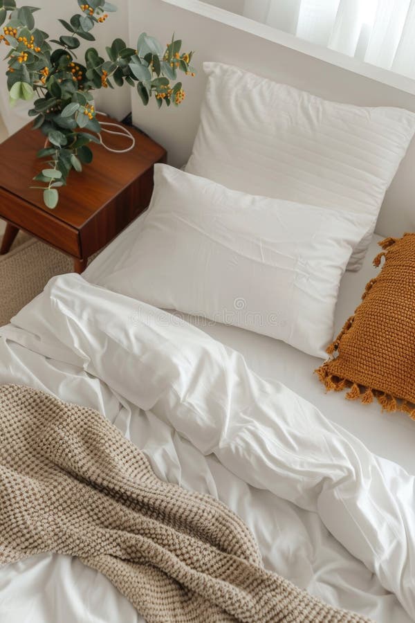 Unmade Bed with White Sheets and Pillows Stock Image - Image of ...