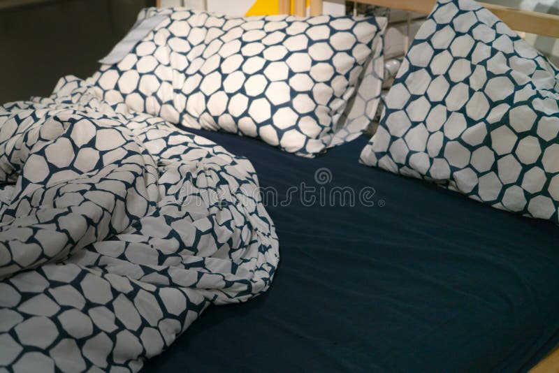 Unmade Messy Bed Room, Pillow, Blanket and Blue Sheet Stock Image ...