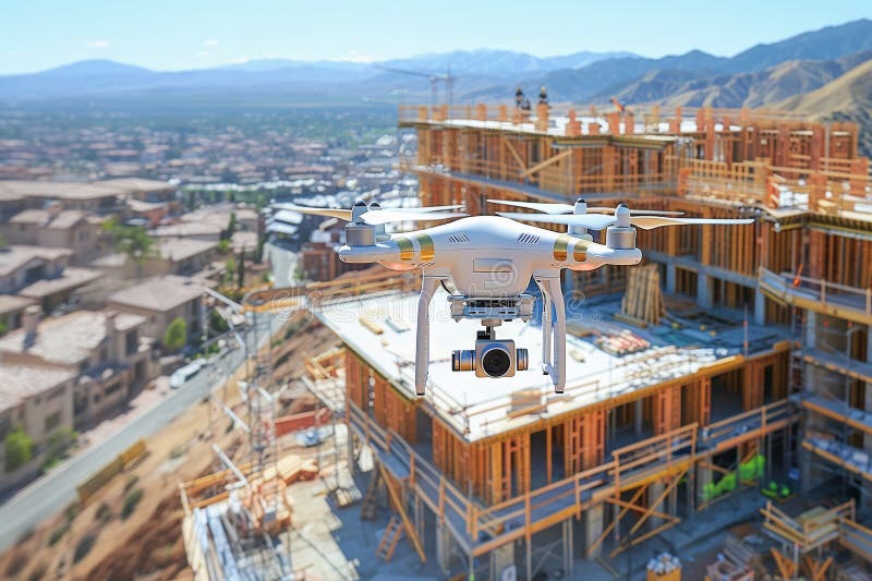 Unmanned Aircraft System (UAV) Quadcopter Drone in the Air Over Construction Site. Technology ...