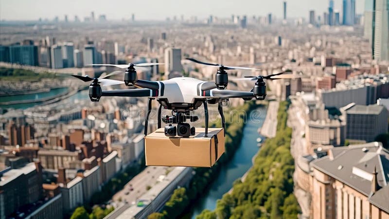 Unmanned Delivery Drone Flying in the Sky of Big City with a Big ...
