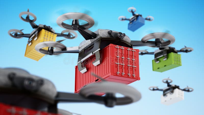 Unmanned Drone Carrying Cargo Container. 3D Illustration Stock ...
